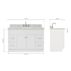 ARIEL 55" White Bathroom Vanity with 1.5" Edge Italian Carrara Marble Countertop & Splash, Rectangular Sink, 2 Soft Closing Doors, 4 Full Extension Dovetail Drawers, Toe Kick, Brushed Nickel