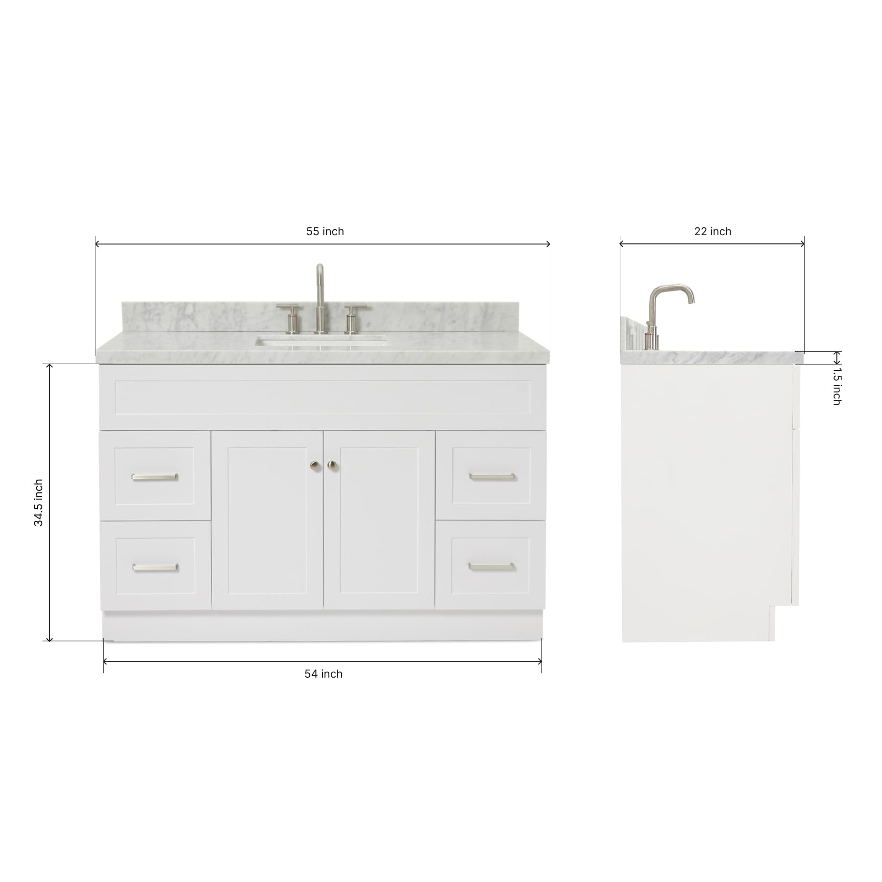 ARIEL 55" White Bathroom Vanity with 1.5" Edge Italian Carrara Marble Countertop & Splash, Rectangular Sink, 2 Soft Closing Doors, 4 Full Extension Dovetail Drawers, Toe Kick, Brushed Nickel