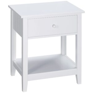 homcom end table, 2-tier side table with drawer and storage shelf, modern side table for living room, white