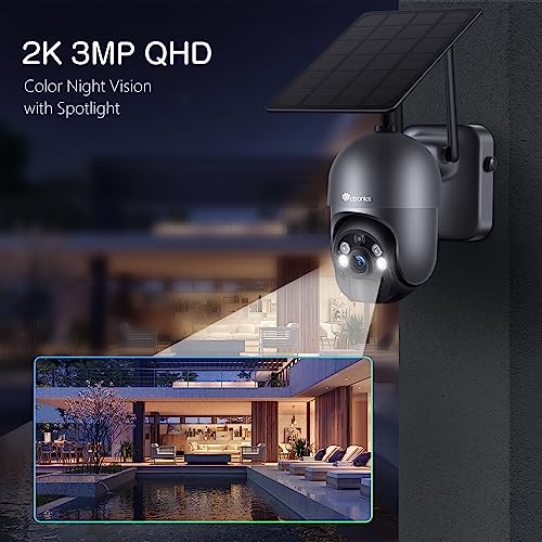 Ctronics 3MP Solar Security Camera Wireless Outdoor WiFi, PTZ Surveillacne Camera Battery-Powered for Home Security, 360° View, Spotlight Color Night Vision, PIR Human Detection, 2-Way Audio (Grey)