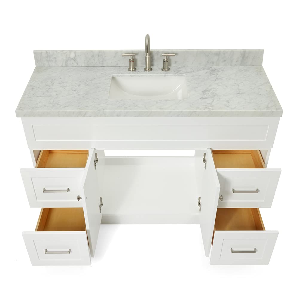 ARIEL 55" White Bathroom Vanity with 1.5" Edge Italian Carrara Marble Countertop & Splash, Rectangular Sink, 2 Soft Closing Doors, 4 Full Extension Dovetail Drawers, Toe Kick, Brushed Nickel