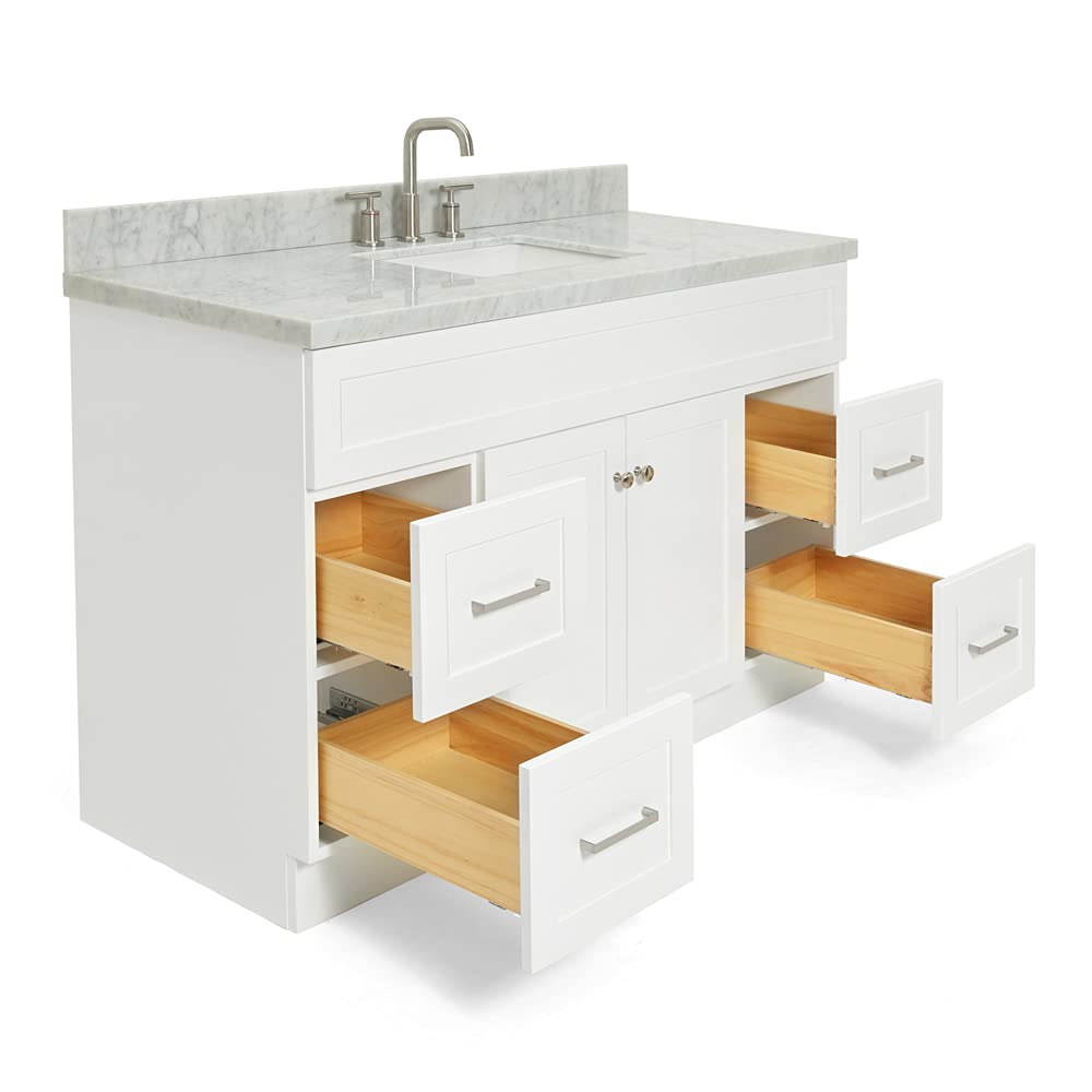 ARIEL 55" White Bathroom Vanity with 1.5" Edge Italian Carrara Marble Countertop & Splash, Rectangular Sink, 2 Soft Closing Doors, 4 Full Extension Dovetail Drawers, Toe Kick, Brushed Nickel