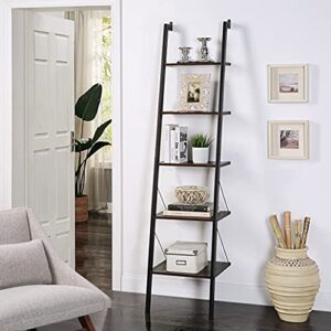 RAAMZO 5-Tier Industrial Leaning Ladder Wall Bookshelf Bookcase Display Storage Rack Accent in Walnut Finish and Black Frame - 75-inch Height