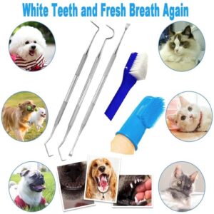 QeeHeng 8 Pack Dog Teeth Cleaning Tools Plaque Remover, Dog Tooth Brushing Kit Include 3 Different Stainless Steel Dog Tooth Scraper and 2 Dog Toothbrush and 3 Dog Finger Toothbrush