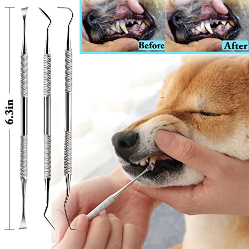 QeeHeng 8 Pack Dog Teeth Cleaning Tools Plaque Remover, Dog Tooth Brushing Kit Include 3 Different Stainless Steel Dog Tooth Scraper and 2 Dog Toothbrush and 3 Dog Finger Toothbrush