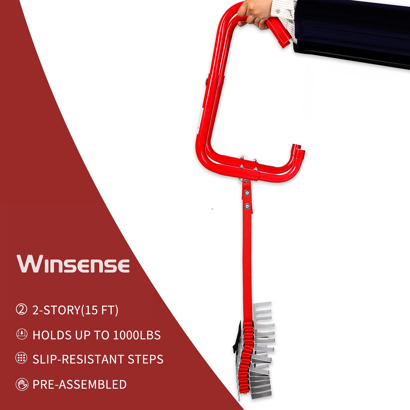 WINSENSE Retractable Fire Escape Ladder 2 Story Homes, 15 Foot with Wide Aluminum Steps for Adults Emergency Window Exit