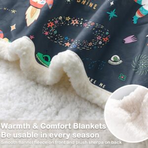 Sleepwish Outer Space Sherpa Plush Blanket for Boys Ship Planet Astronaut Fleece Throw Blanket for Sofa Couch Travel, Throw(50"x60")