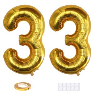 xihuimay number 33 balloons 40 inch digital balloon alphabet 33 birthday balloons digit 33 helium balloons big balloons for birthday party supplies wedding bachelorette bridal shower, gold number 33