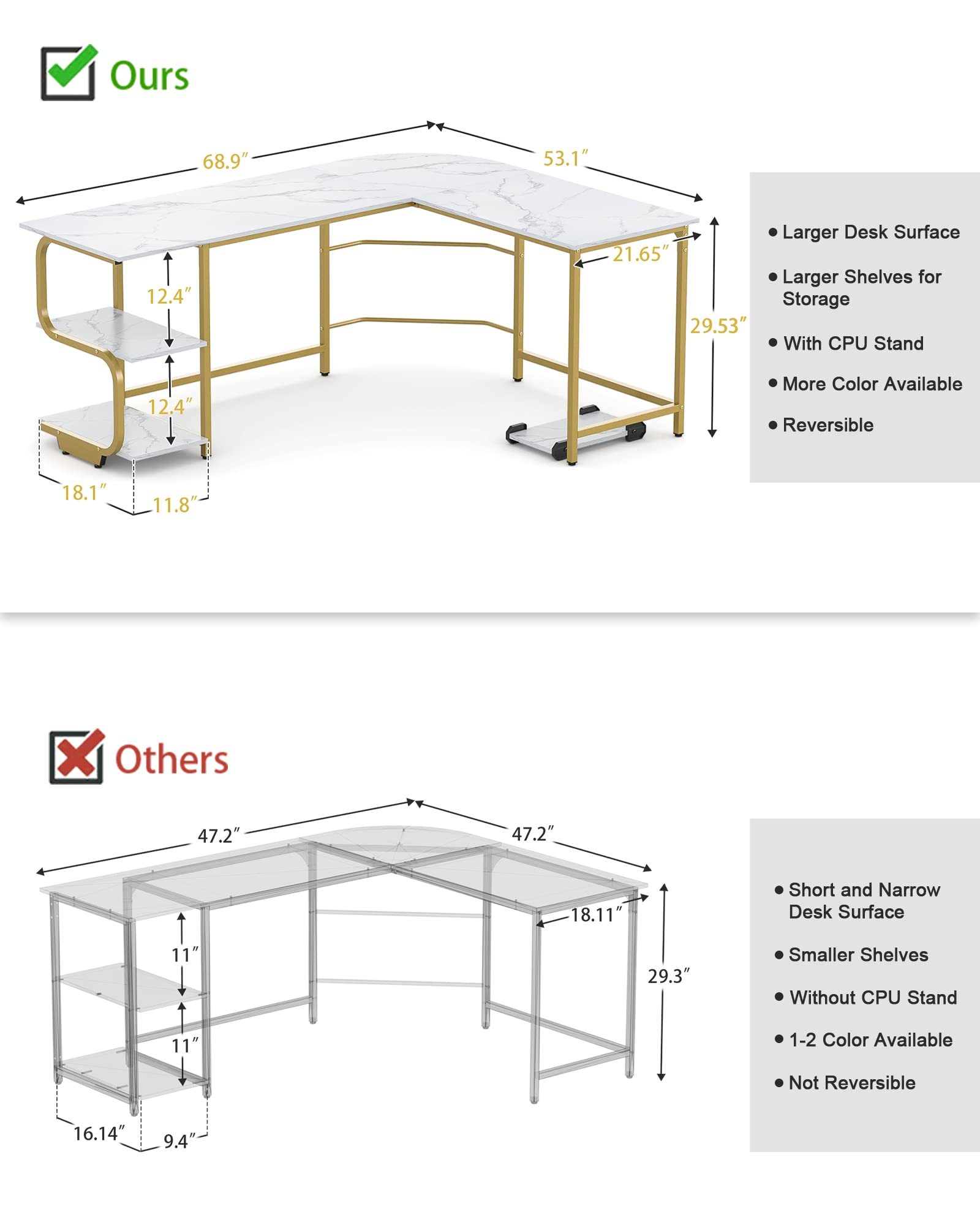 Teraves Reversible L Shaped Desk with Large Surface, 69 Inch Sturdy Corner Desk with Storage Shelves, Premium Office Computer Desk Workstation for Home Office Gaming