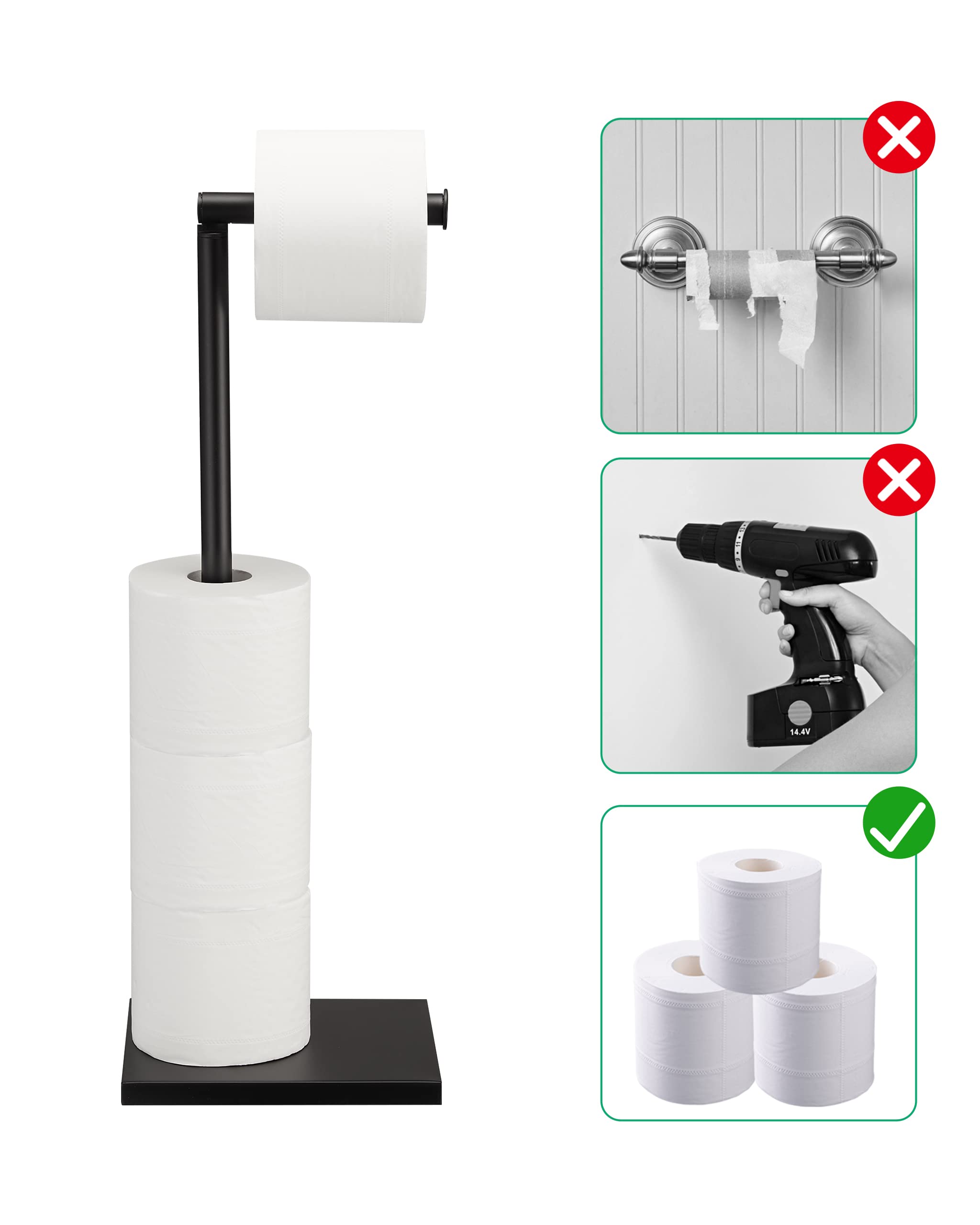 Free Standing Bathroom Toilet Paper Holder Stand with Reserve, Stainless Steel Pedestal Tissue Roll Holder, Black DECLUTTR