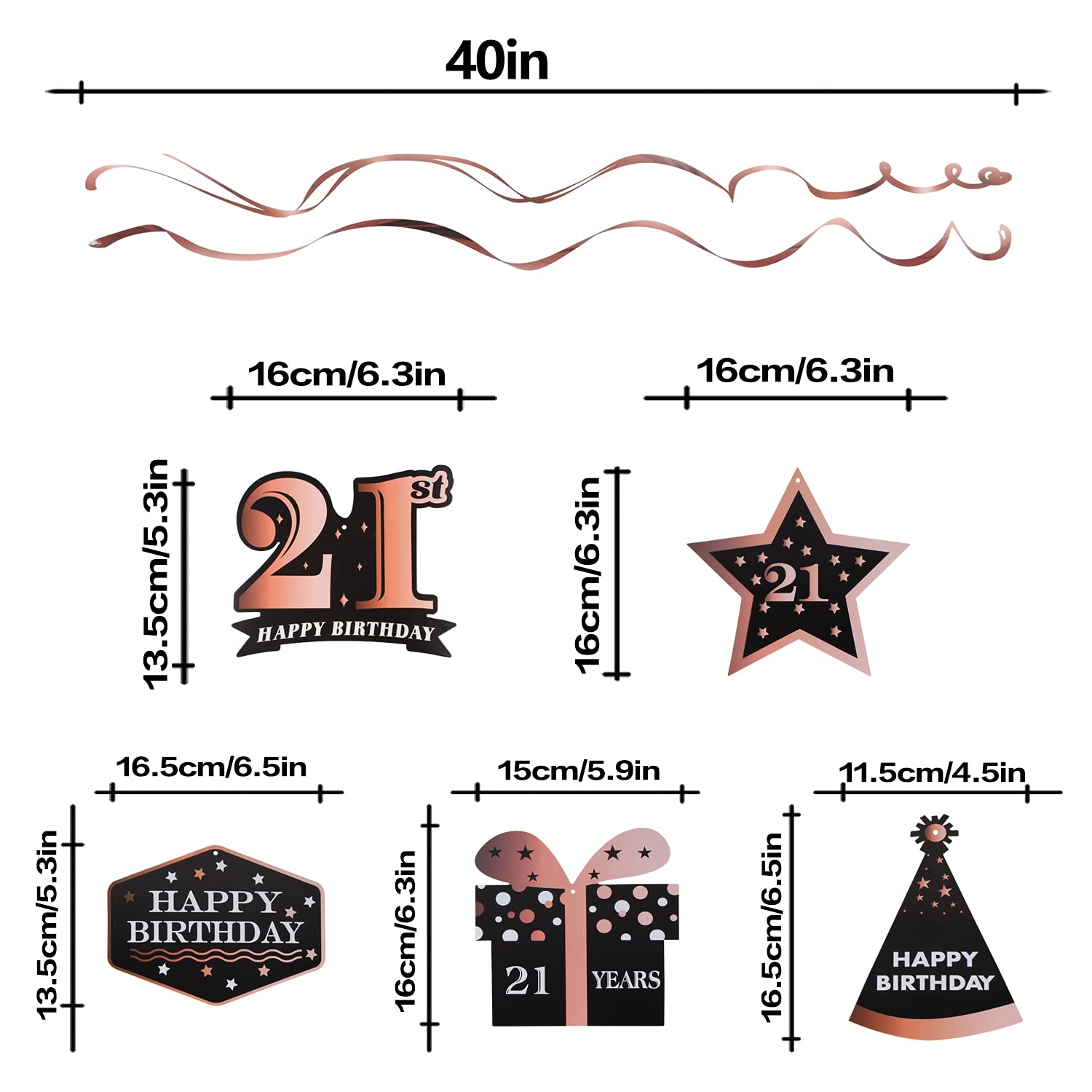 LINGTEER Happy 21st Birthday Decorations,21st Birthday Black with Rose Swirls Hanging Streamer Kit,Cheers to 21 Years Old Bday Foil Party Photo Backdrop Supplies.