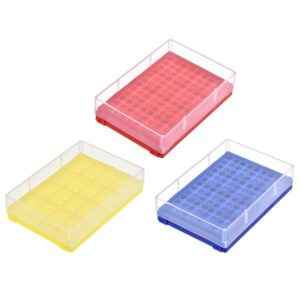 uxcell centrifuge tube rack storage box, 96-well 5.5mm hole dia polypropylene holder for 0.2ml microcentrifuge tubes vials samples, blue yellow red 3in1 set