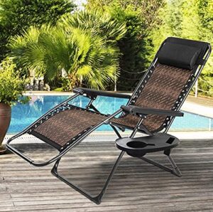 incbruce zero gravity folding recliner chair, adjustable patio lounge chaise, outdoor wicker rattan furniture with cup holder and pillow for poolside, yard, beach (brown)