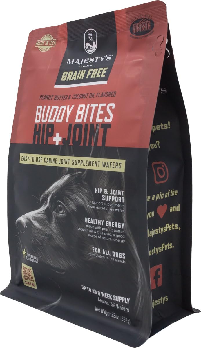 Majesty's Buddy Bites Grain Free Hip & Joint Support Dog Treat Supplement, Carob & Sweet Potato Wafers for Medium & Large Dogs - 112 Count Bag (Up to 16 Week Supply)