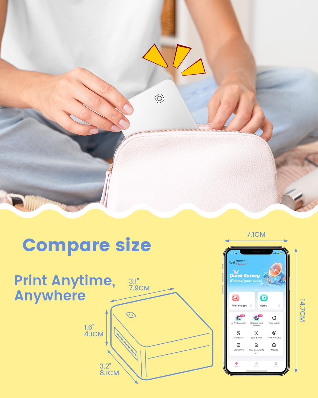 Memoking Photo Sticker Printer Machine - 2" Mini Printer - HD 300dpi Sticker Maker Machine for Pad&Phone - M02 Pro Portable Mini Pocket Thermal Printer White - Inkless Bluetooth Printer for Photos,DIY