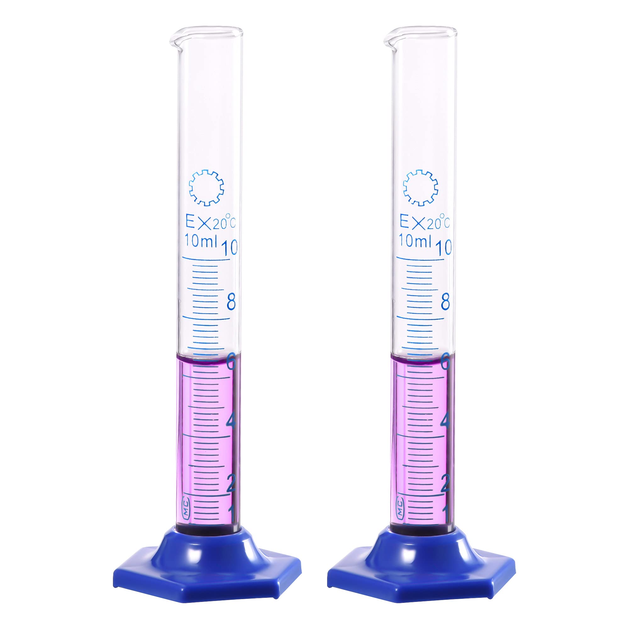 uxcell Borosilicate Glass Graduated Cylinder, 10ml Measuring Cylinder, Science Test Tube Beakers, Single Metric, Blue Hex Base Flask for Lab Home 2Pcs