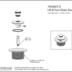 Westbrass 79438CP-Z-100 1-1/2" NPSM (1-7/8"-11.5 UNC-2A) Coarse Thread Twist & Close Bathtub Drain Plug, Polished Chrome (100-Pack)