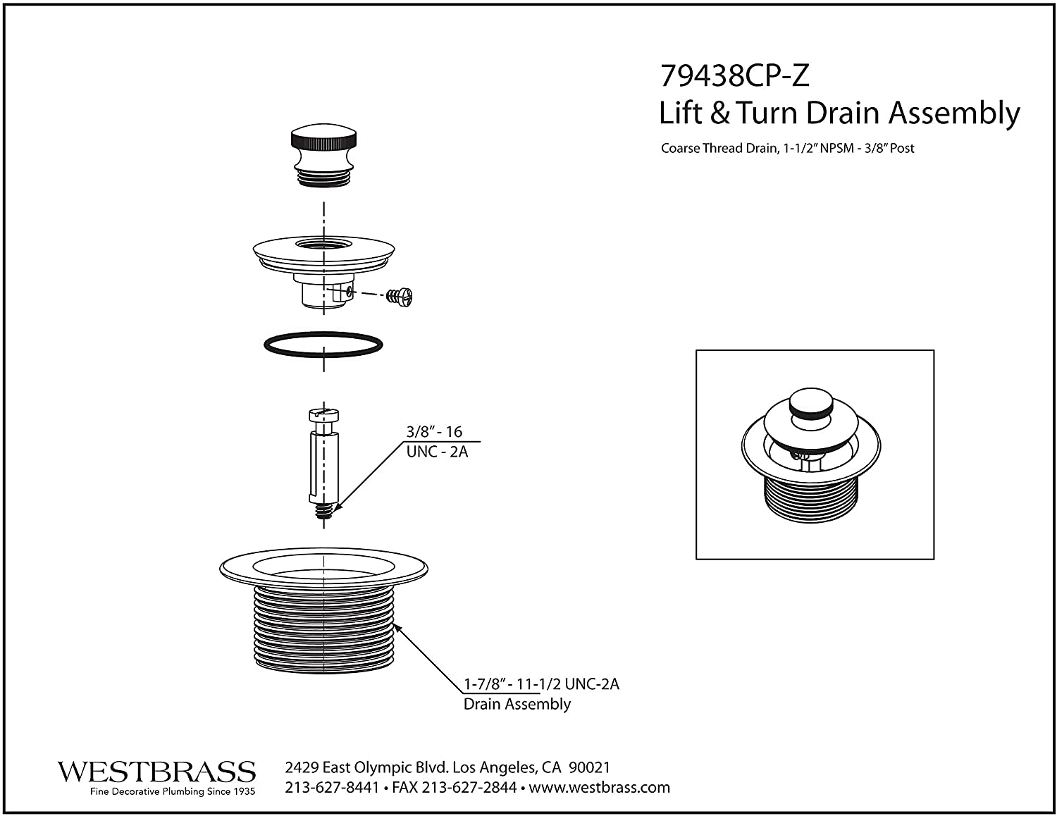 Westbrass 79438CP-Z-100 1-1/2" NPSM (1-7/8"-11.5 UNC-2A) Coarse Thread Twist & Close Bathtub Drain Plug, Polished Chrome (100-Pack)