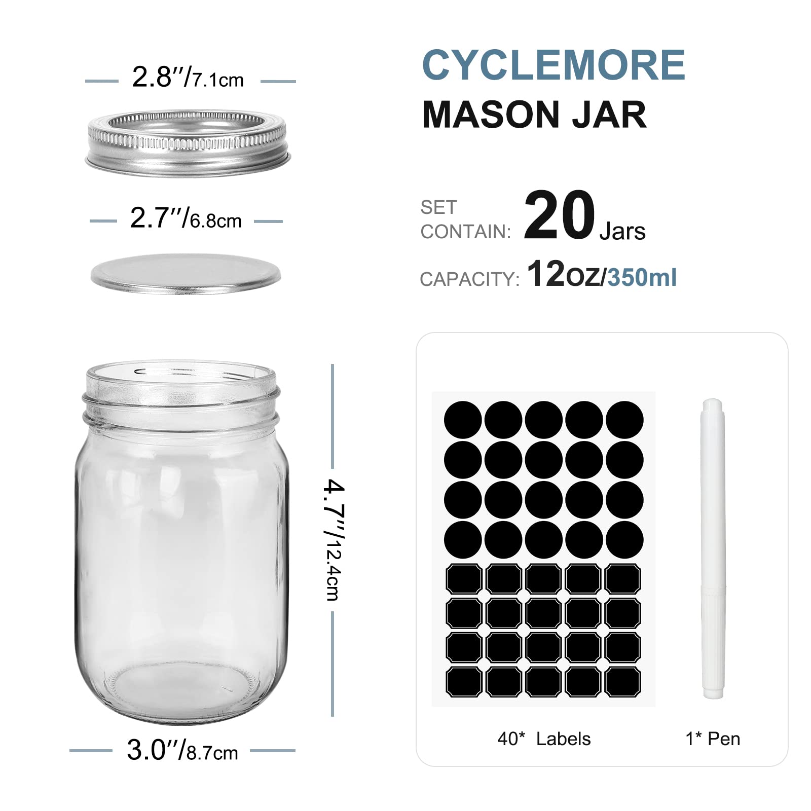 CycleMore 20 Pcs 12oz Mason Jars Glass Jars With Silver Separable Lids, 350ml Round Canning Jars Spice Jars for Honey, Jam, Herb, Wedding Favor, Kitchen Storage Wide Mouth Jars for Crafts, Meal Prep