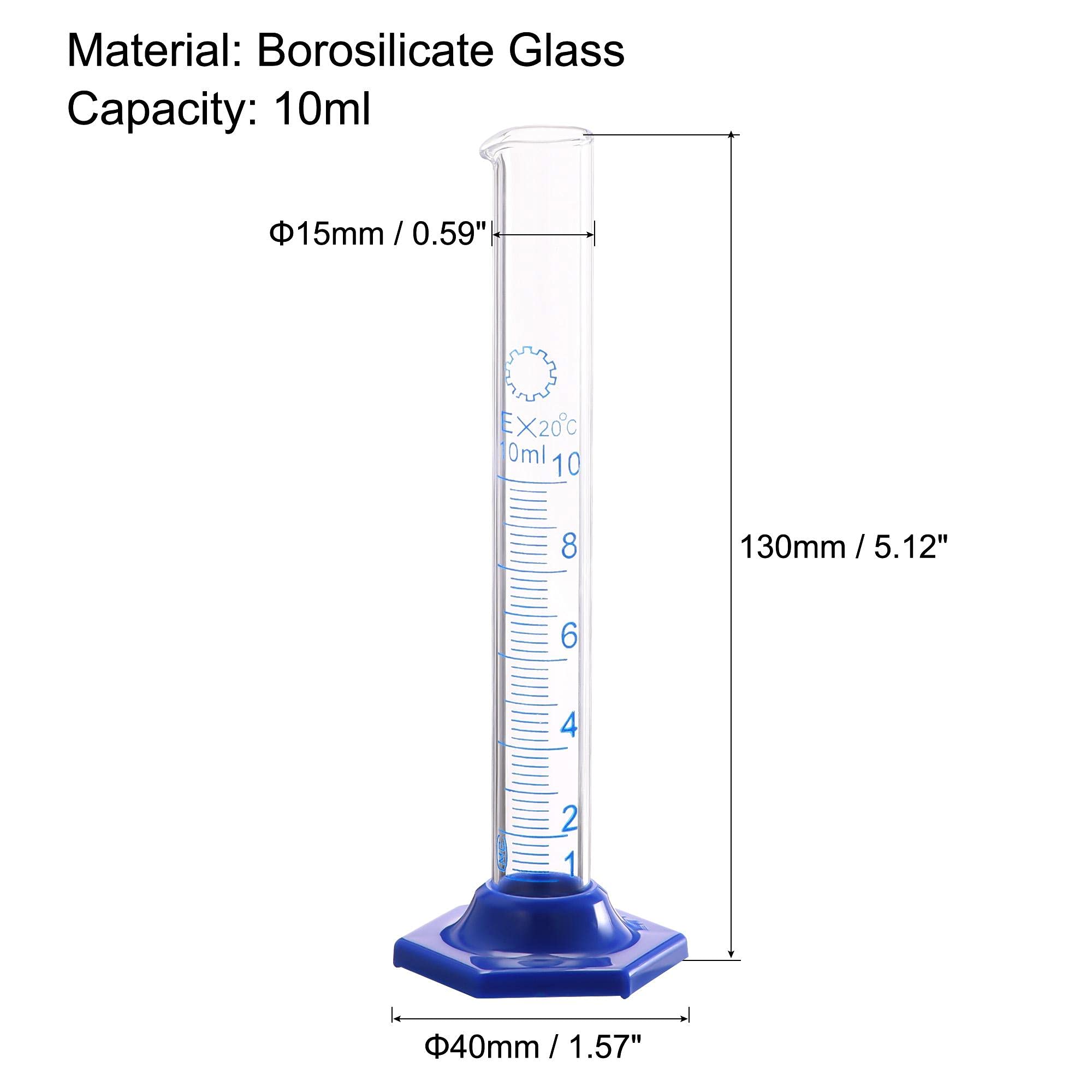 uxcell Borosilicate Glass Graduated Cylinder, 10ml Measuring Cylinder, Science Test Tube Beakers, Single Metric, Blue Hex Base Flask for Lab Home 2Pcs