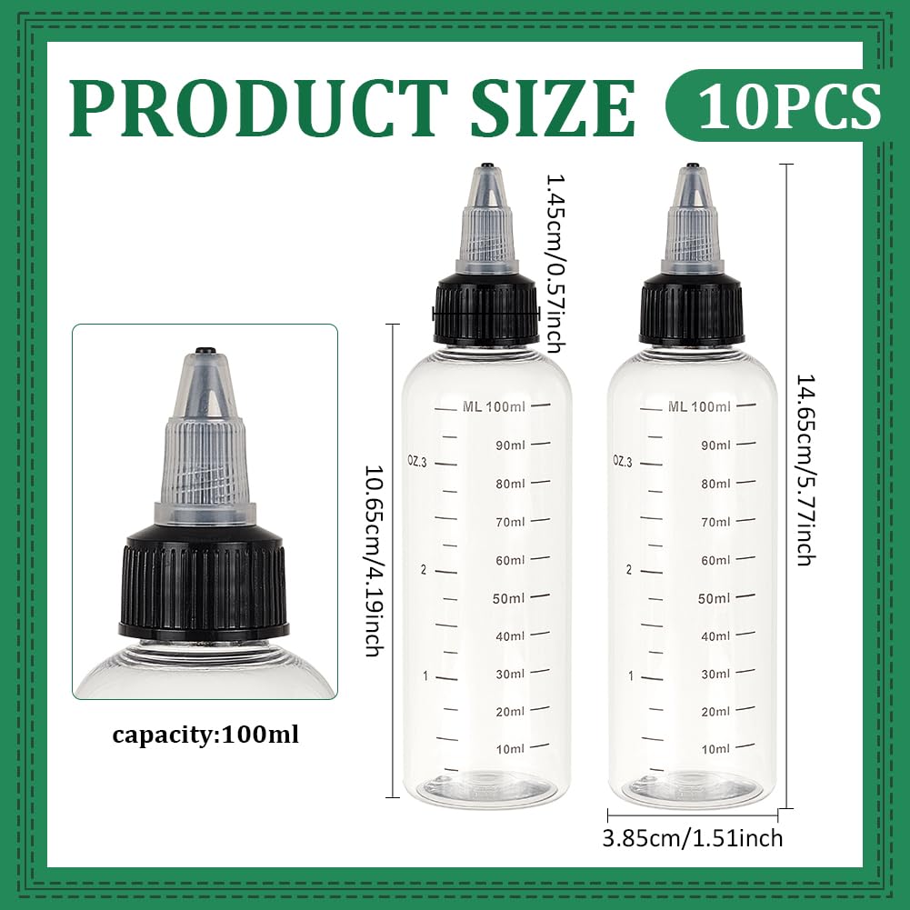 BENECREAT 10PCS 100ml/3.38 oz Transparent Plastic Squeeze Bottles with Scale and Black Twist Cap Graduated Squeeze Dispensing Bottles for Ink Liquid, Oils, Gels, Glue