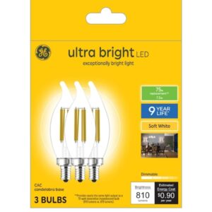 GE Ultra Bright LED 75-Watt EQ CA12 Soft White Candelabra Base (e-12) Dimmable LED Candle Decorative (3-Pack)