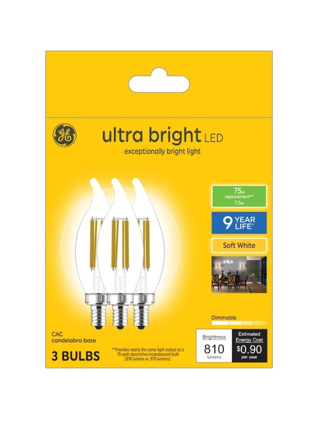 GE Ultra Bright LED 75-Watt EQ CA12 Soft White Candelabra Base (e-12) Dimmable LED Candle Decorative (3-Pack)