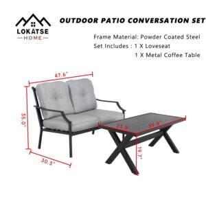 LOKATSE HOME Outdoor Loveseat and Coffee Table Metal Conversation Set Patio Furniture with Cushions for Poolside Backyard Lawn, Grey