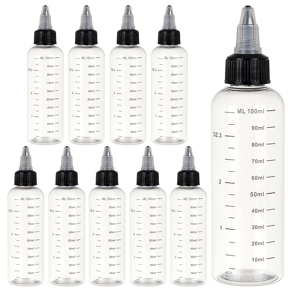 BENECREAT 10PCS 100ml/3.38 oz Transparent Plastic Squeeze Bottles with Scale and Black Twist Cap Graduated Squeeze Dispensing Bottles for Ink Liquid, Oils, Gels, Glue