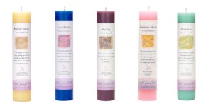 crystal journey reiki charged herbal pillar candle with inspirational labels - set of 5 (positive energy, good health, healing, manifest a miracle, abundance) each 7"x1.5" handcrafted