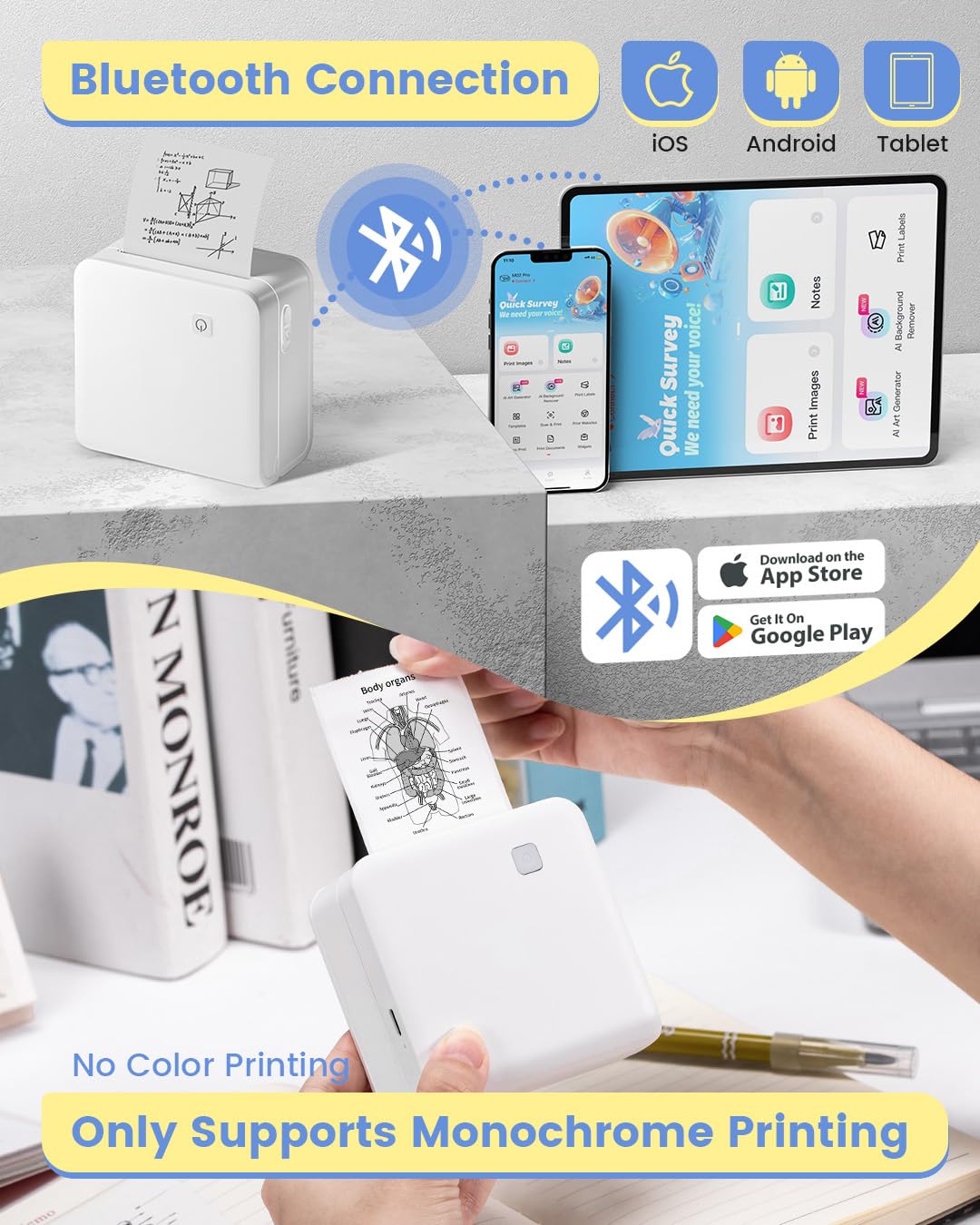 Memoking Photo Sticker Printer Machine - 2" Mini Printer - HD 300dpi Sticker Maker Machine for Pad&Phone - M02 Pro Portable Mini Pocket Thermal Printer White - Inkless Bluetooth Printer for Photos,DIY