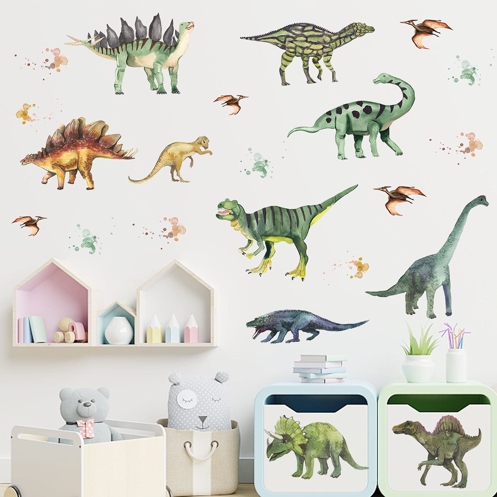 ASMPIO 14Pcs Dinosaurs Wall Stickers, Removable Forest Dinosaur Wall Decals Waterproof Dino Animal Decor Mural for Bedroom Living Room Bathroom Home Decoration