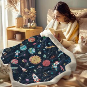 Sleepwish Outer Space Sherpa Plush Blanket for Boys Ship Planet Astronaut Fleece Throw Blanket for Sofa Couch Travel, Throw(50"x60")