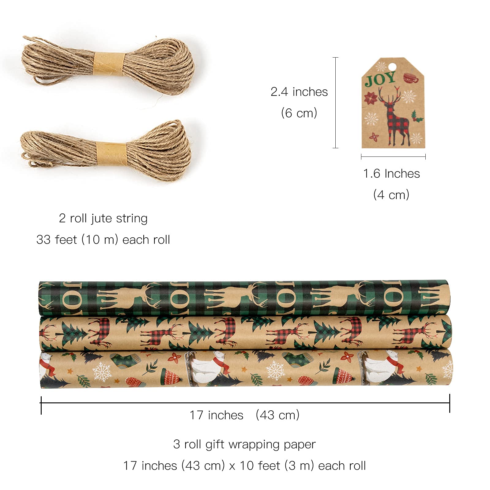 RUSPEPA Christmas Wrapping Paper Rolls with Tags and Jute String - 17 inches x 10 feet per Roll, Total of 3 Rolls