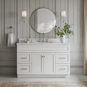 ariel 55" white bathroom vanity with 1.5" edge italian carrara marble countertop & splash, rectangular sink, 2 soft closing doors, 4 full extension dovetail drawers, toe kick, brushed nickel