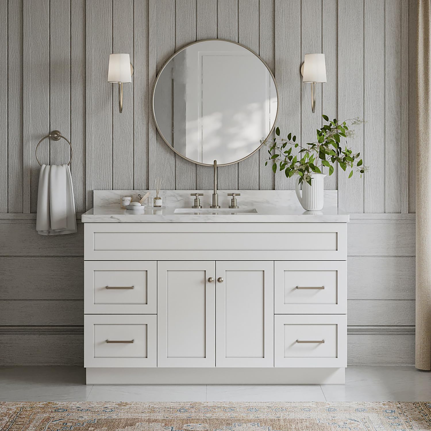 ARIEL 55" White Bathroom Vanity with 1.5" Edge Italian Carrara Marble Countertop & Splash, Rectangular Sink, 2 Soft Closing Doors, 4 Full Extension Dovetail Drawers, Toe Kick, Brushed Nickel