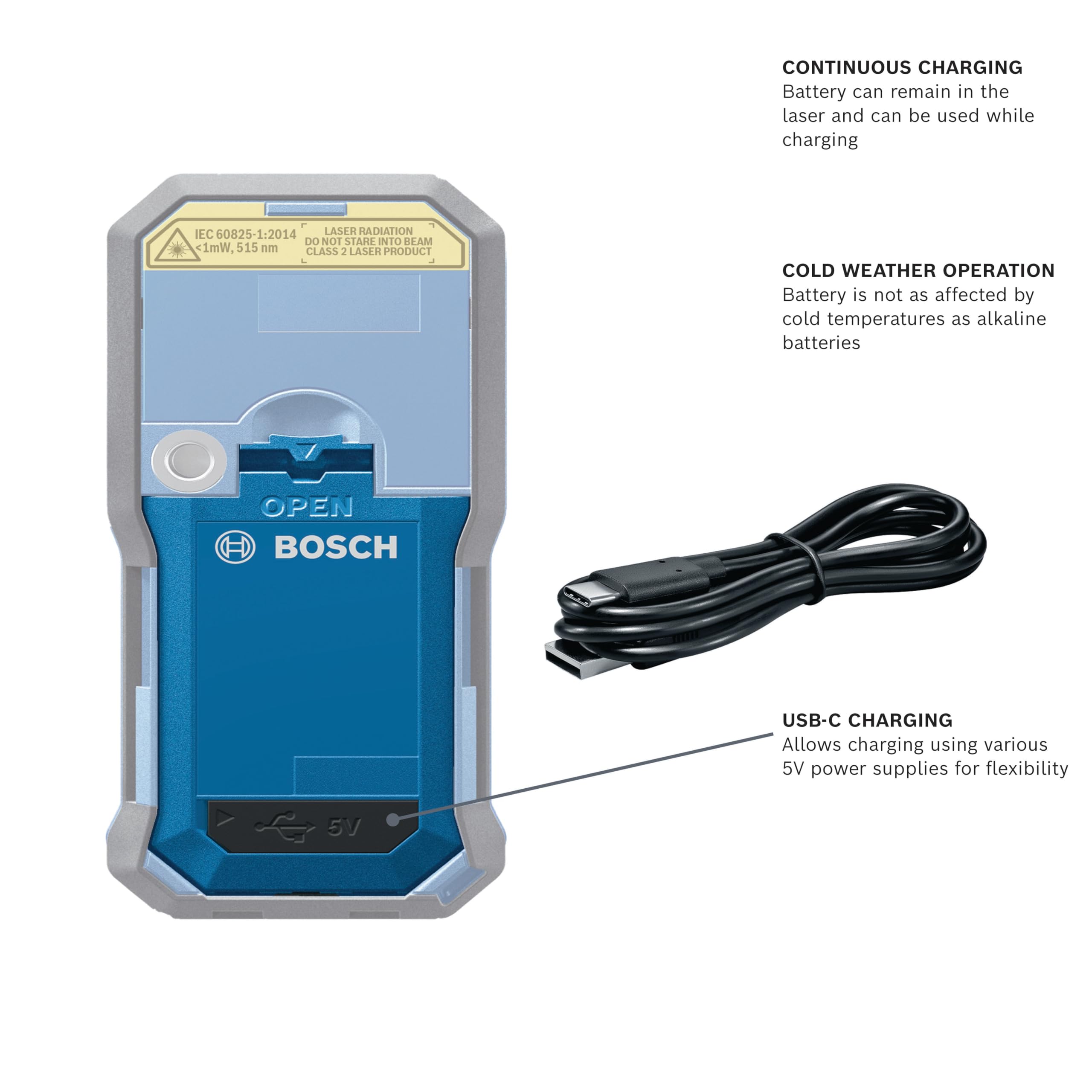 Bosch GLM-BAT 3.7V Lithium-Ion 1.0 Ah Battery, Includes USB-A to USB-C Cable