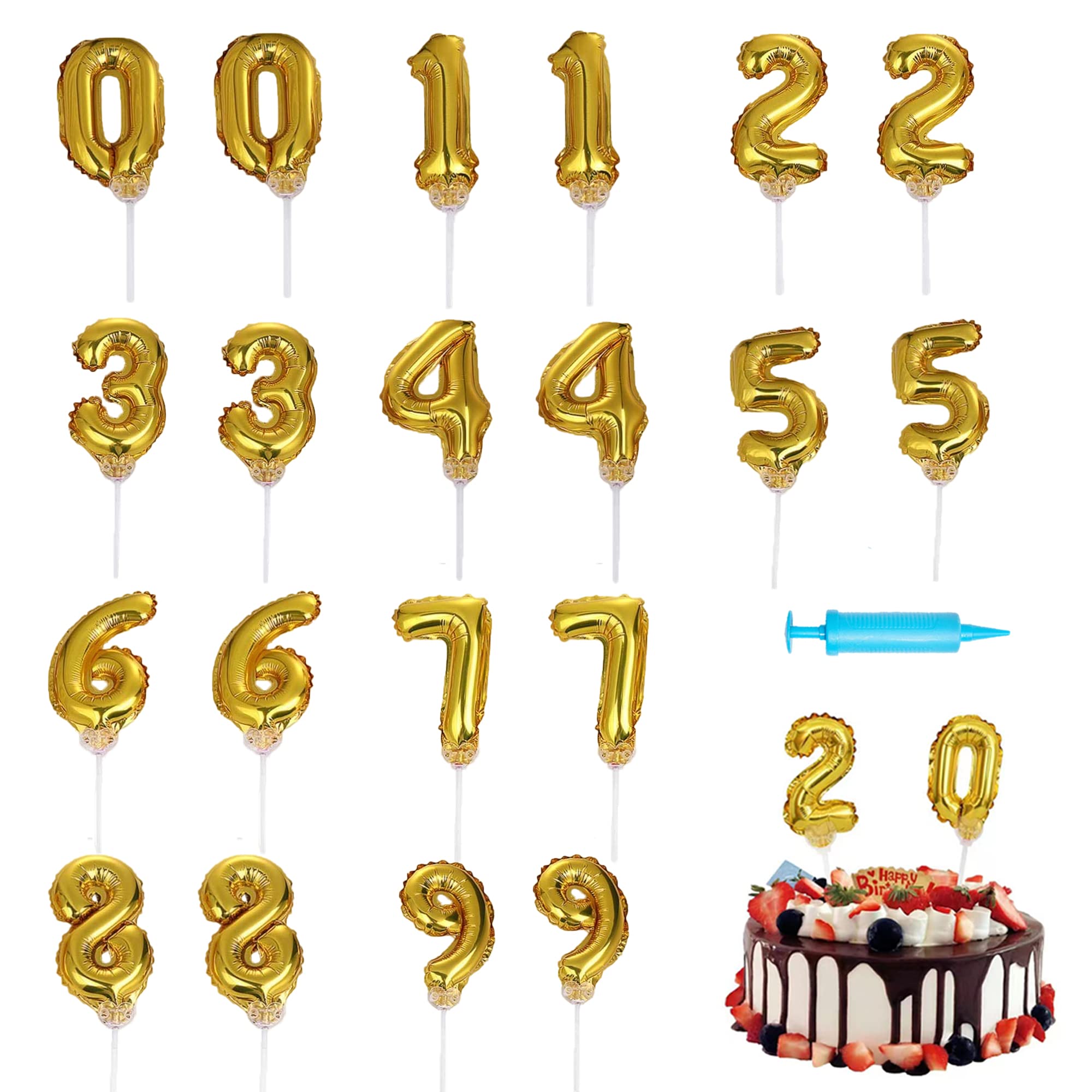 Cake Topper Mini Number Balloon with Mini Balloon Pump for Birthday Anniversary Valentine's Day Baby Shower Party Reusable Decorations 21 Pack