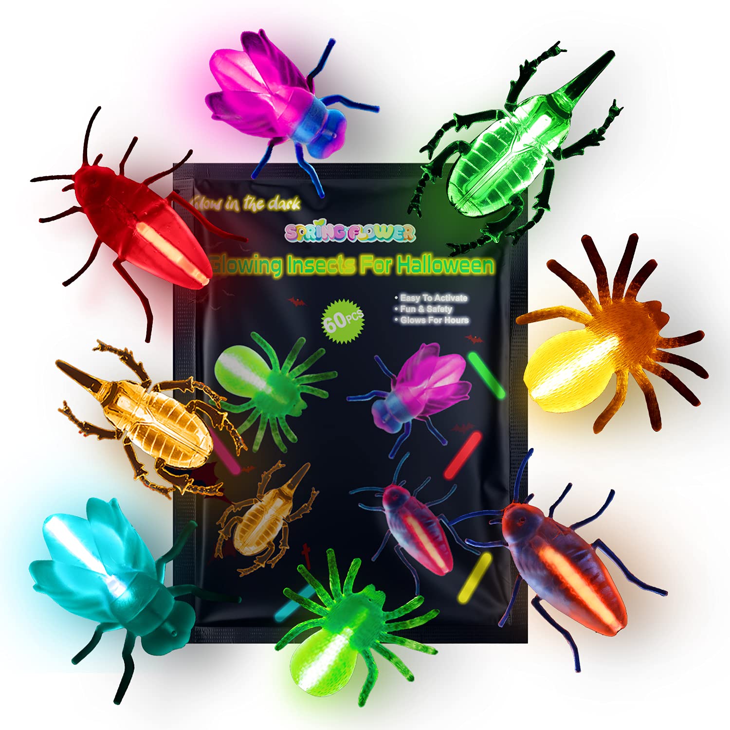 Glow Critters for Halloween Party Favor, Glow in The Dark Toys Set for Kids, School Classroom Game Rewards, Trick or Treating Goodie Supplies, Halloween Miniatures/Prizes,20 Critters 40 Glow Sticks