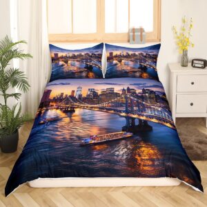 New York City Bedding Set Cityscape Duvet Cover King Size,Manhattan Skyline Comforter Cover Bridge Sunset Scenery Quilt Cover City Lights Bedroom Decor for Boys Girls Youth