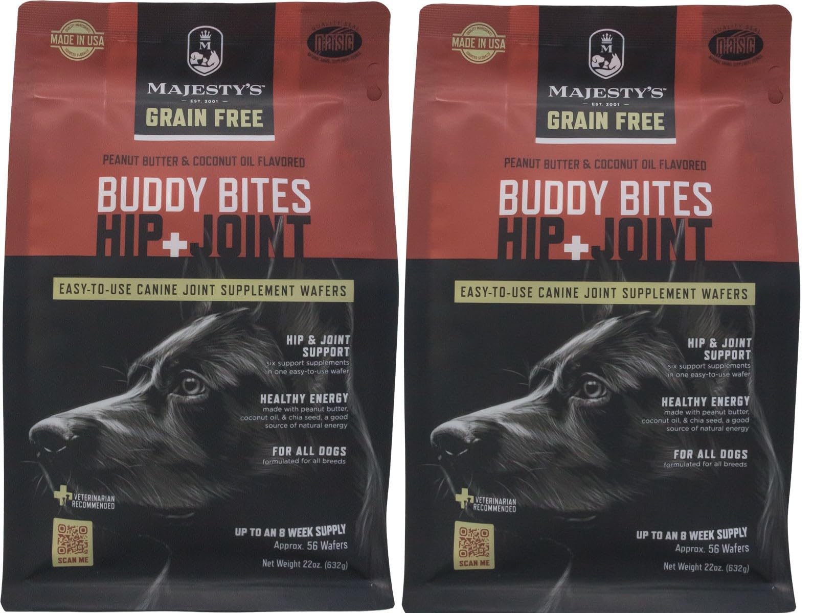 Majesty's Buddy Bites Grain Free Hip & Joint Support Dog Treat Supplement, Carob & Sweet Potato Wafers for Medium & Large Dogs - 112 Count Bag (Up to 16 Week Supply)