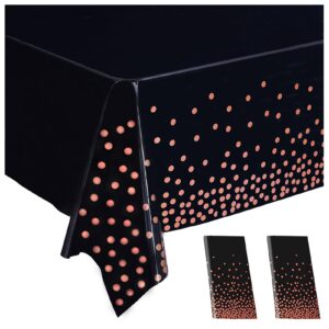 2 pack black rose gold plastic tablecloth for parties, disposable rectangle table cloths, dot confetti waterproof table covers, 54" x 108", for graduation retirement birthday anniversary decorations