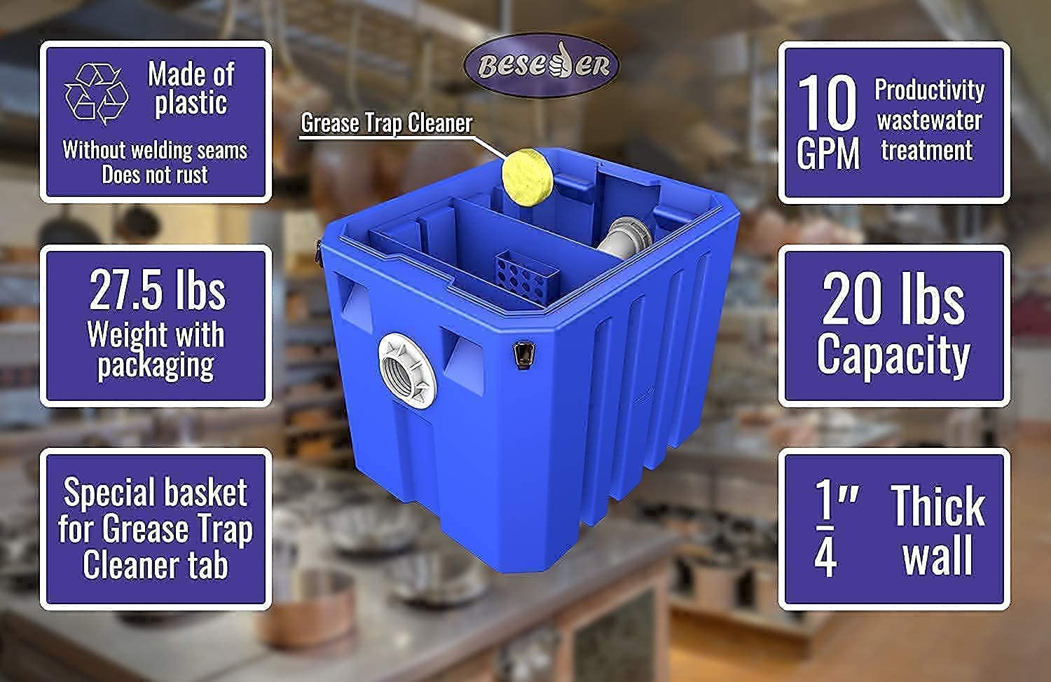 Grease Trap + Grease Trap Cleaner - Grease Interceptor 10 GPM - Grease Traps For Restaurants + Grease Trap Tablets 12 pcs - 20 Lb Grease Trap Interceptor - Plastic Under Sink Grease Trap