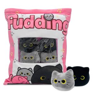 cute black cat plush pillow throw pillow, removable stuffed animal plush toy, bag of soft gray cat plushies, kawaii kitten plush doll sofa decorative pillow gifts for boys girls kids (pink)