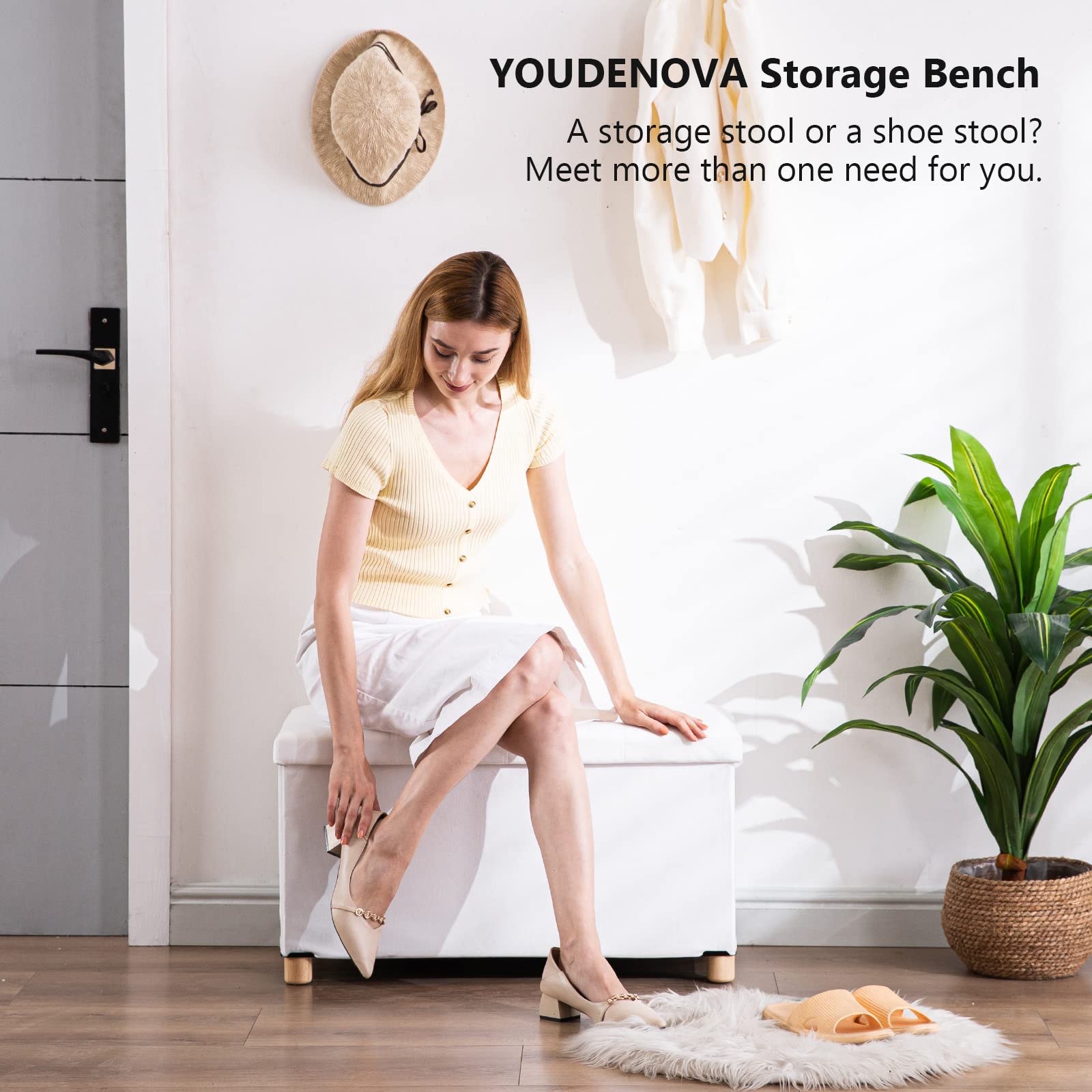 YOUDENOVA 30 Inches Folding Storage Ottoman Bench, Velvet Storage Chest, Footrest Couch with Wooden Legs, Support 350lbs for Bedroom, Living Room, Hallway, White