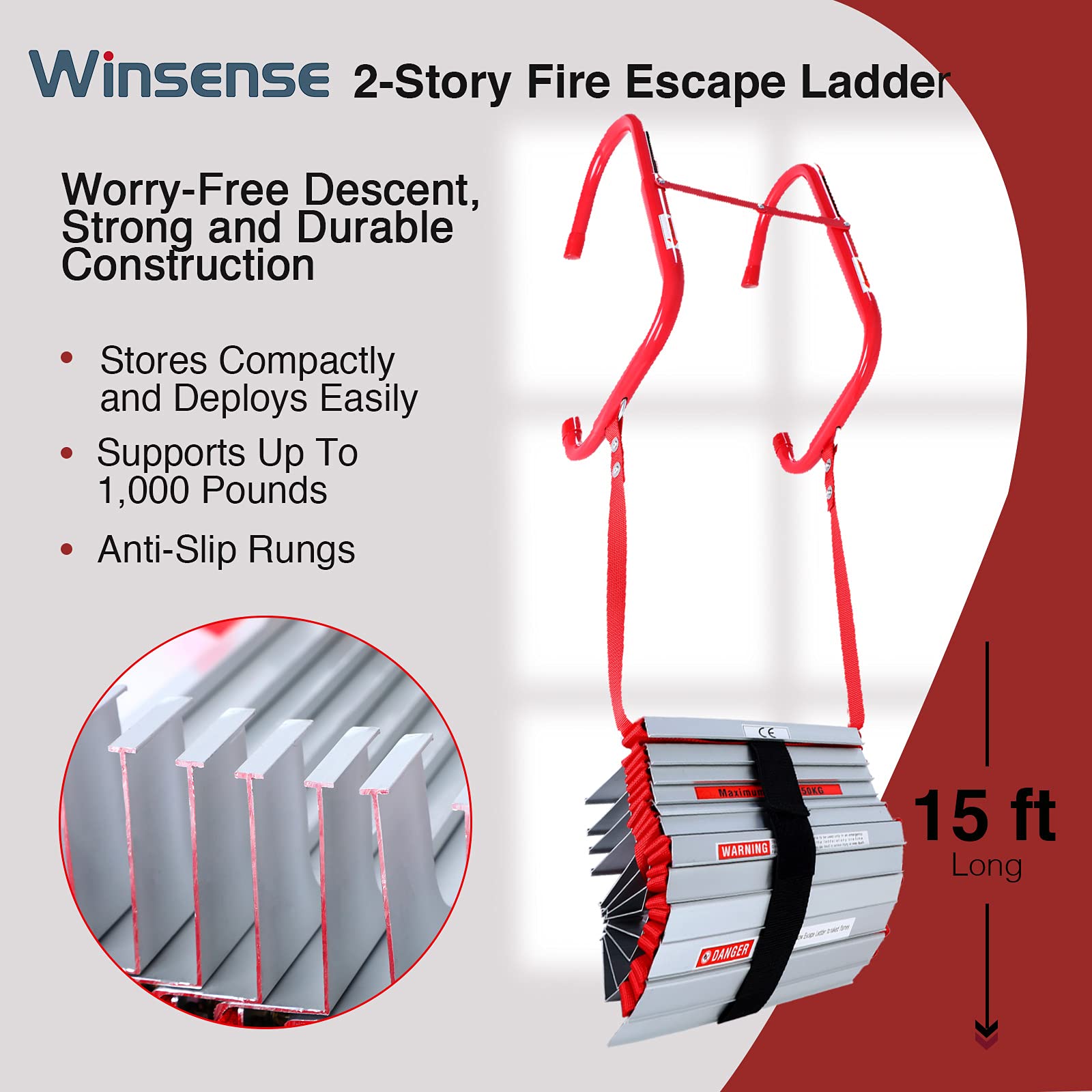 WINSENSE Retractable Fire Escape Ladder 2 Story Homes, 15 Foot with Wide Aluminum Steps for Adults Emergency Window Exit