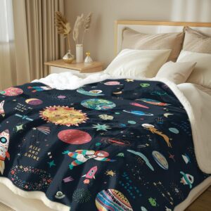 Sleepwish Outer Space Sherpa Plush Blanket for Boys Ship Planet Astronaut Fleece Throw Blanket for Sofa Couch Travel, Throw(50"x60")