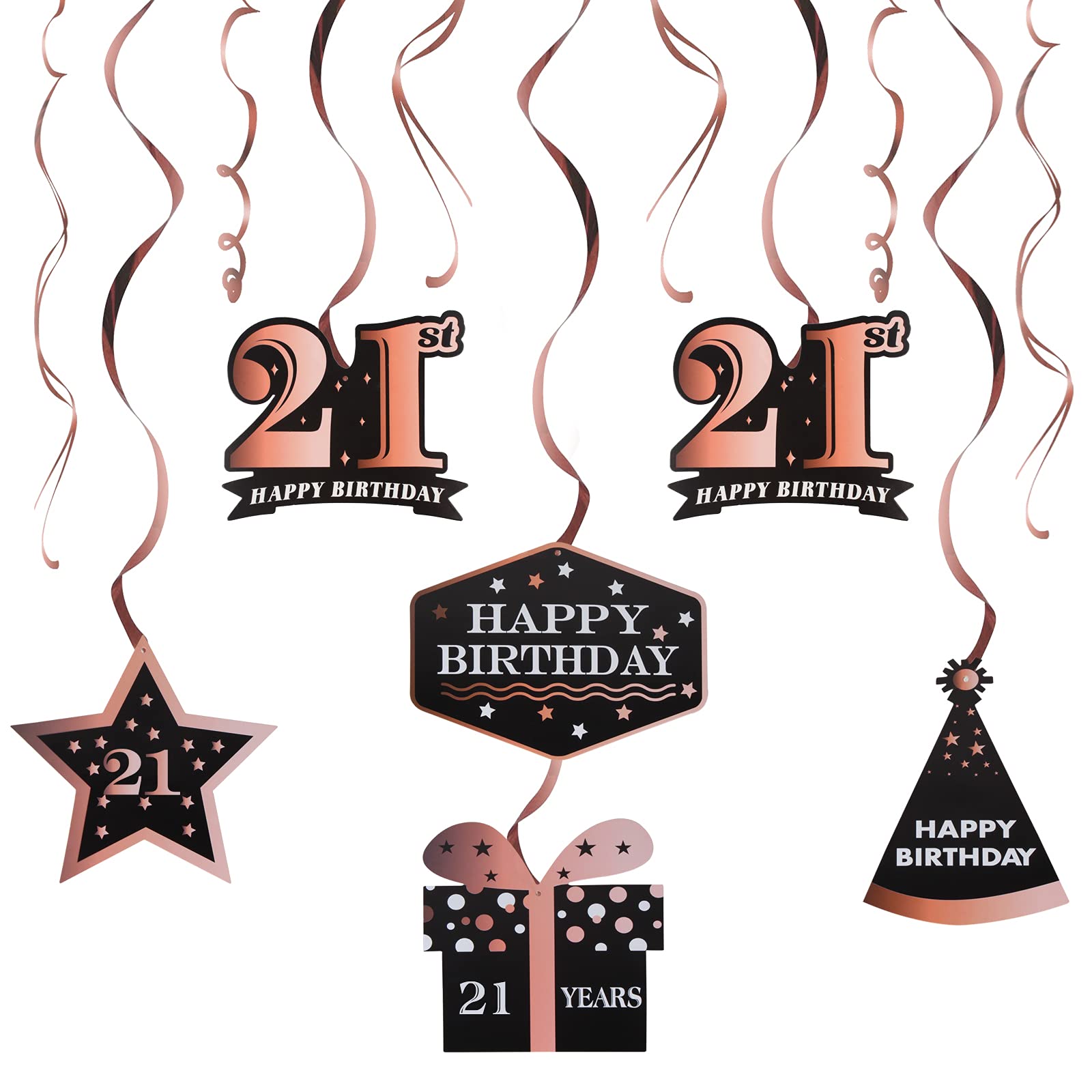 LINGTEER Happy 21st Birthday Decorations,21st Birthday Black with Rose Swirls Hanging Streamer Kit,Cheers to 21 Years Old Bday Foil Party Photo Backdrop Supplies.