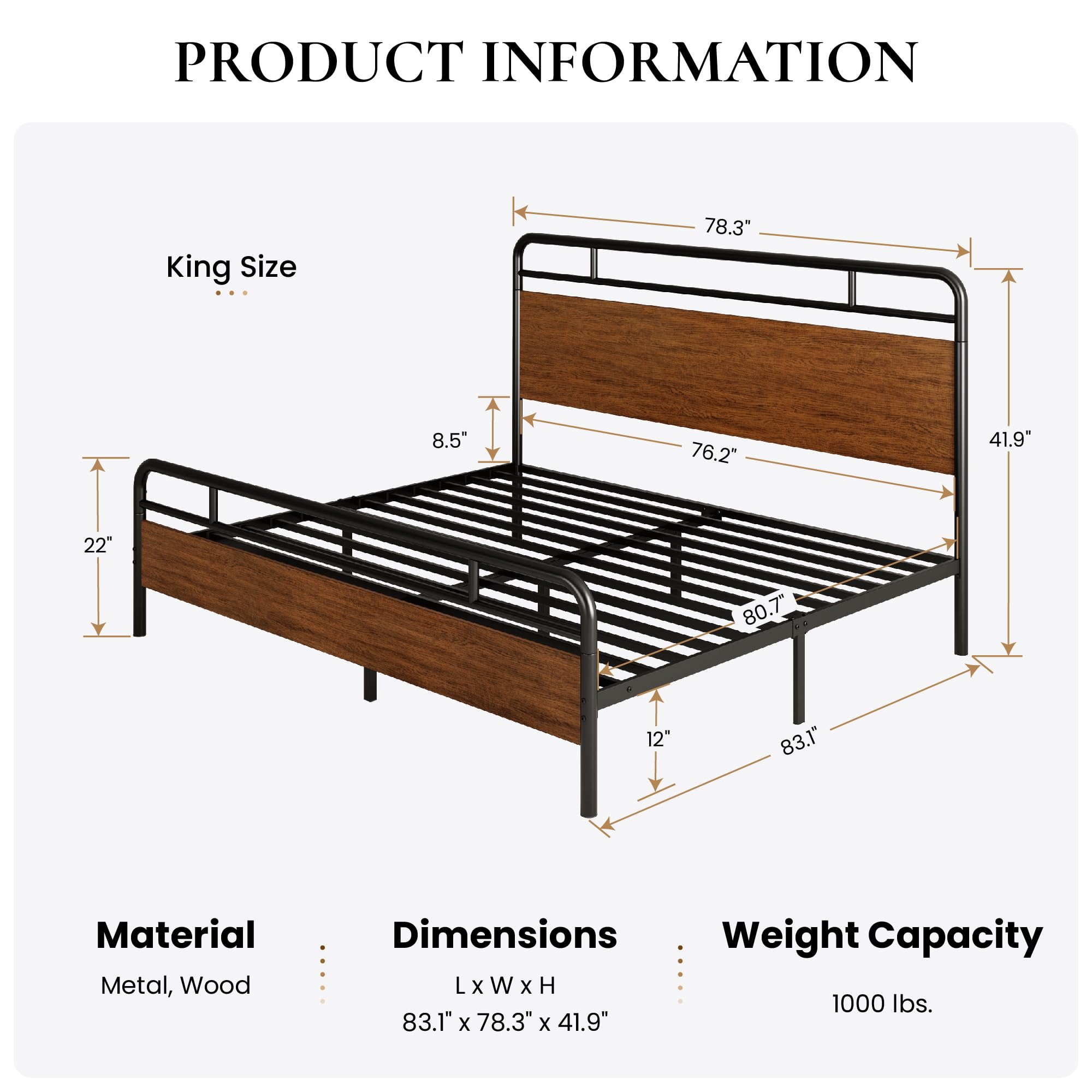 SHA CERLIN King Size Bed Frame with Wooden Headboard and Footboard, Rounded Corner Metal Frame, Heavy Duty Platform Bed with Under Bed Storage, No Box Spring Needed, Walnut