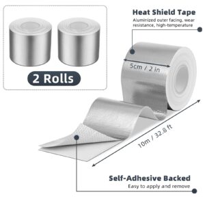 2 Rolls Heat Shield Tape Cool Tapes Aluminum Foil Heat Reflective Adhesive Heat Shield Thermal Barrier Foil Tape Self-Adhesive Heat Resistant Tape for Hose and Auto Use (Silver, 2 Inch x 32.8 ft)